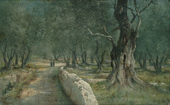 Bonhams : Henry Marko (Italian, 1855-1921) Figures in an olive grove ...