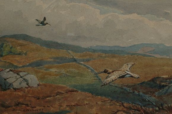 Bonhams : Donald Watson (British, 20th Century) Snipe over a landscape ...
