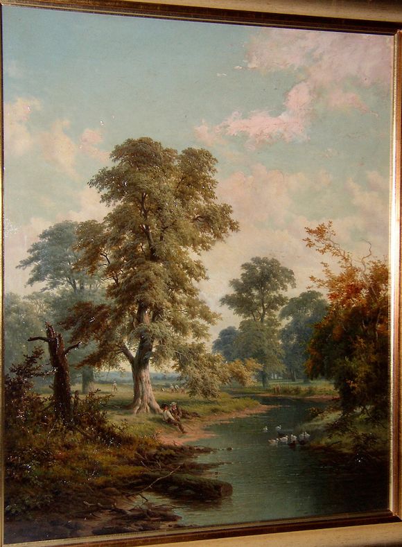 Bonhams : Thomas Creswick RA (1811-1869) British Figures and ducks by a ...