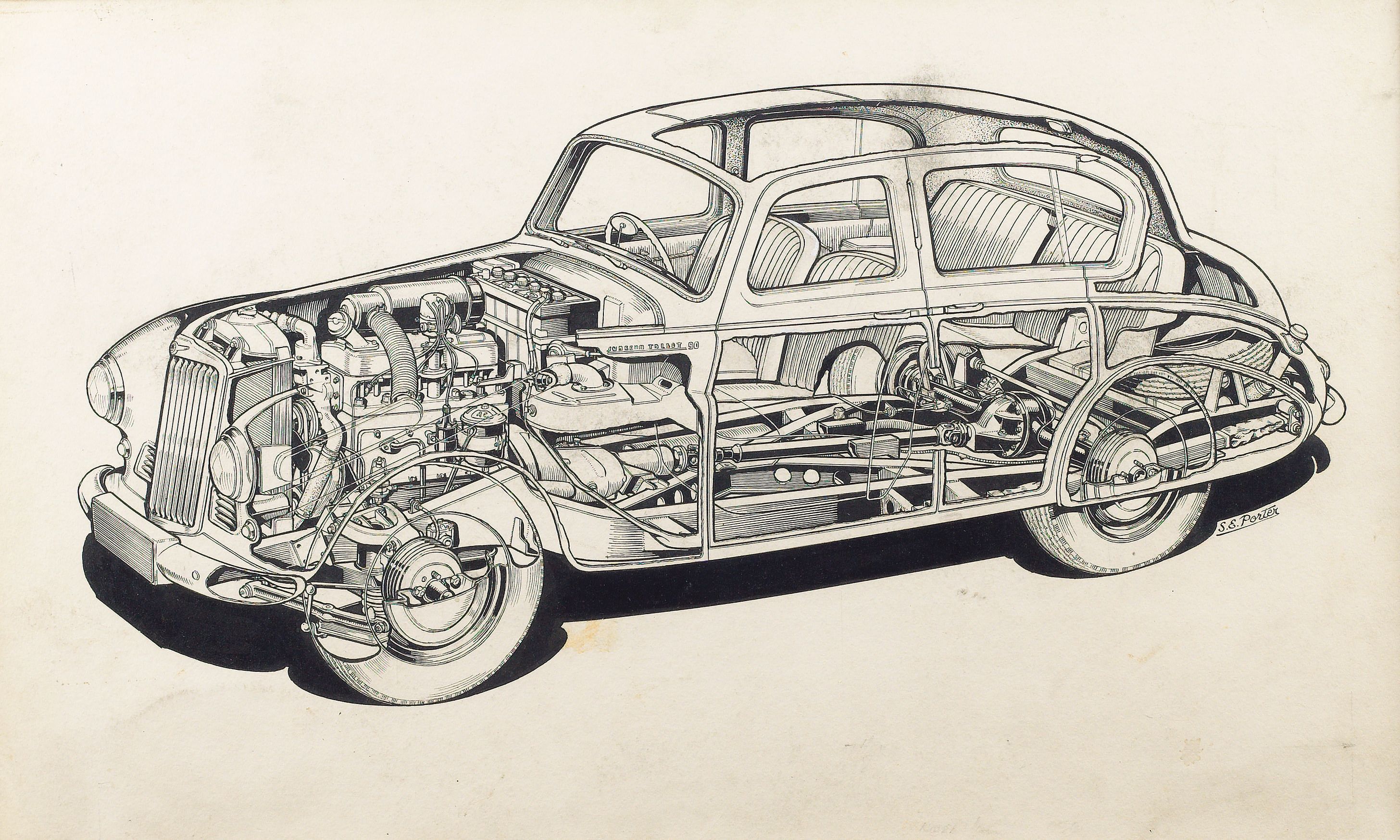 Bonhams Cars : Sunbeam Talbot 90 pen and ink cutaway drawing by Sidney ...