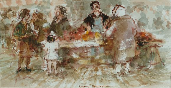 Bonhams : Roland Batchelor (British, 1889-1990) The Market Stall 4 x 7 ...