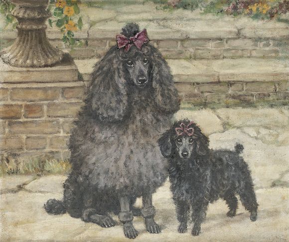 Bonhams : Frederick Thomas Daws (British. b. 1878) Portrait of two black Miniature Poodles 14 x ...