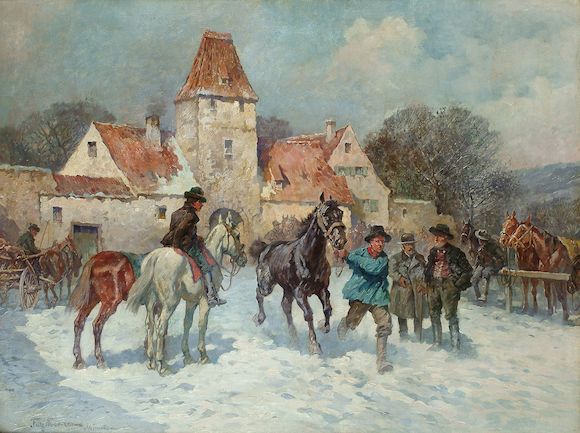 Bonhams : Fritz Neumann (German, 1881-) The horse fair, 50 x 66 cm. (19 ...