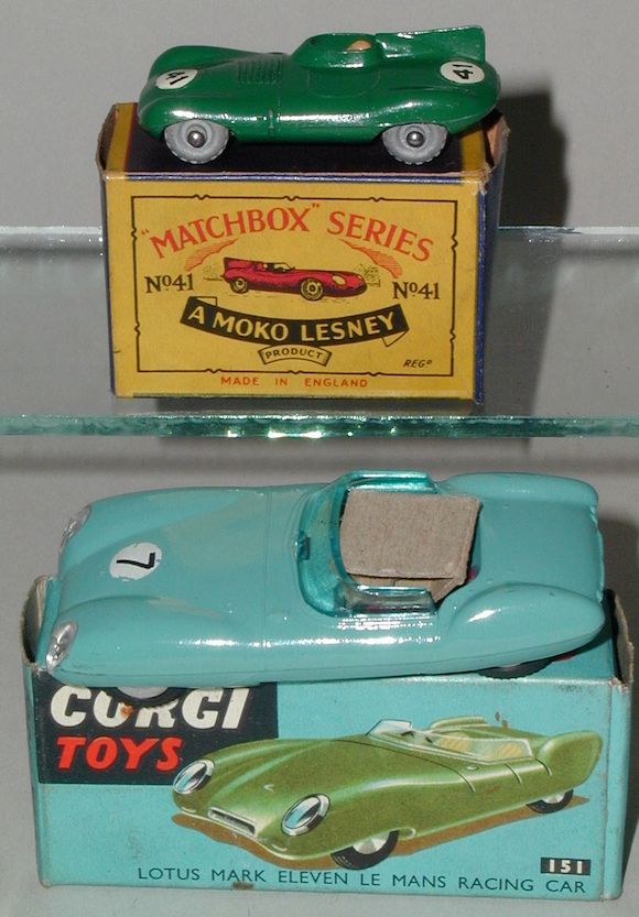 Bonhams : Corgi 151 Lotus Mk 11 Le Mans racing car and Matchbox 41 Jaguar