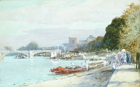 Bonhams : George Charles Haite; Putney Bridge w/c 26.5 x 41cm