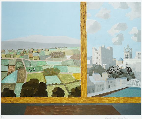 Bonhams : Kenneth Rowntree Landscape with fields and church ...