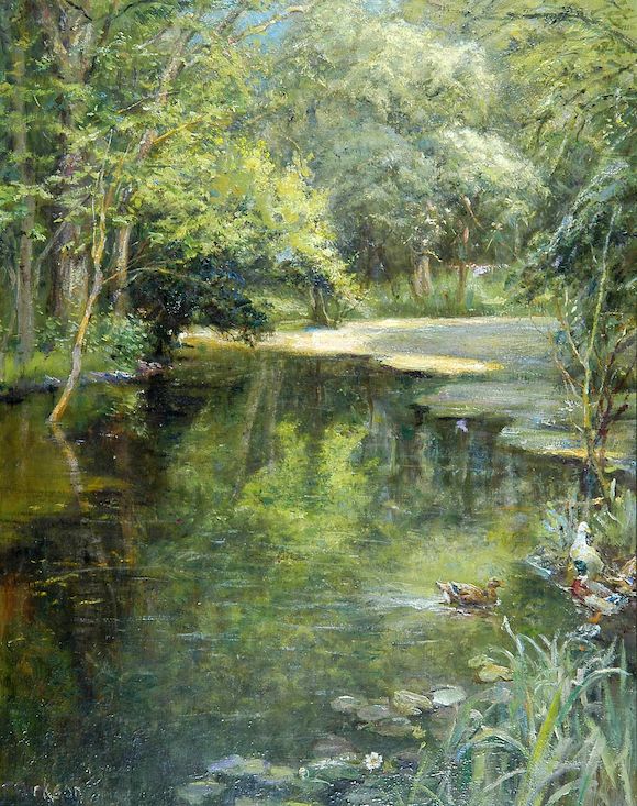Bonhams : Frank Dickson (1862-1936) Woodland river with ducks and ...