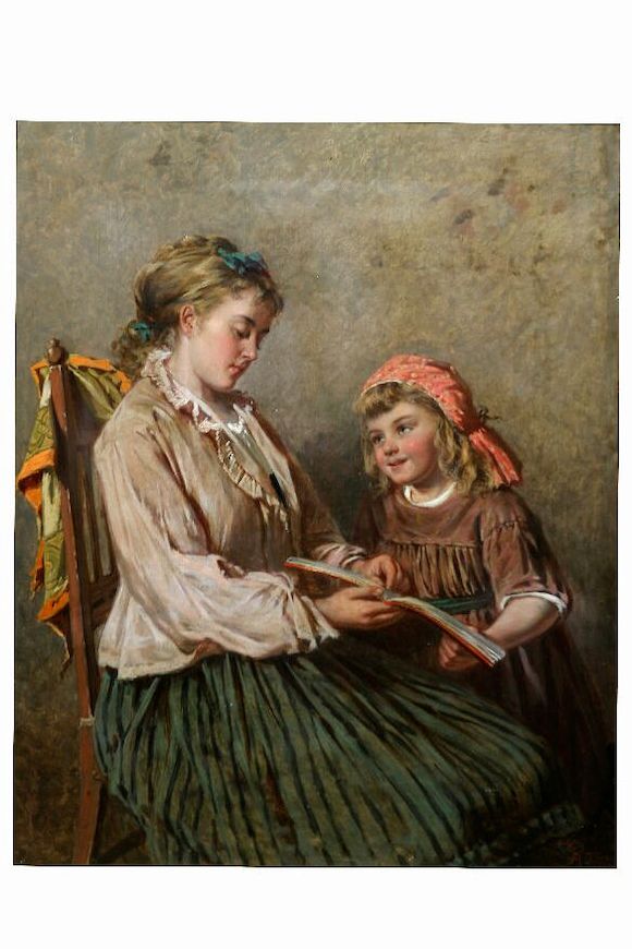 Bonhams : Edwin Roberts (1840 - 1917) The reading lesson, 52 x 41.5cm.