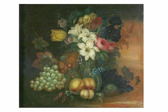 Bonhams : Edwin Steele (19th Century) Still life of flowers, grapes ...