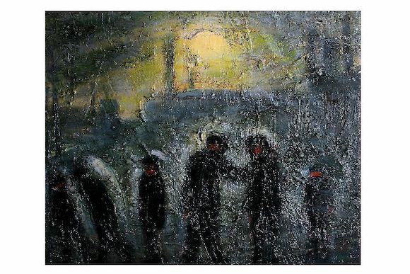 Bonhams : Theodore Major (1908 - 1999) Men before a factory, 75 x 92.5cm.