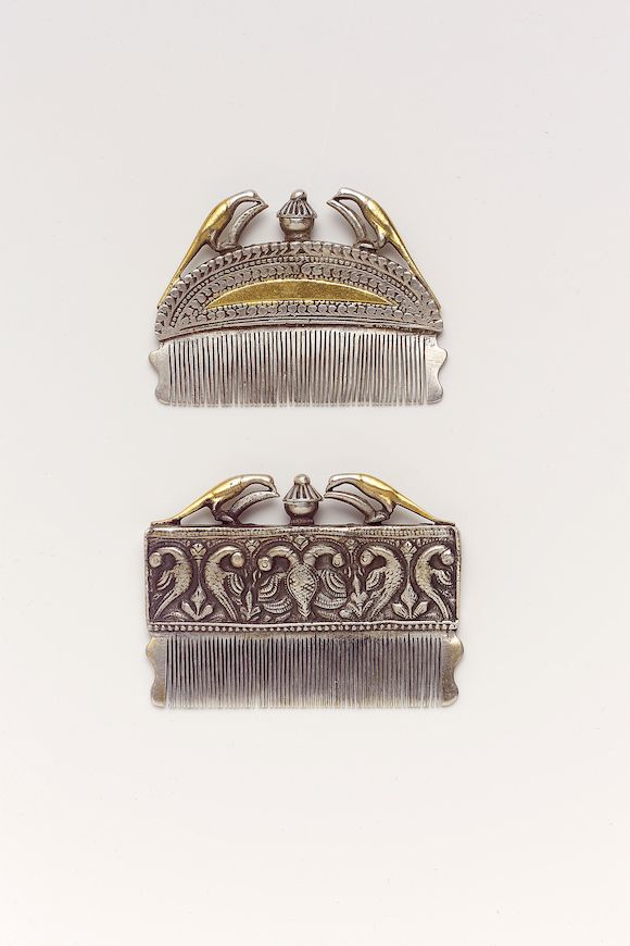 Bonhams : Two Mughal parcel-gilt silver beard Combs India, 18th Century(2)