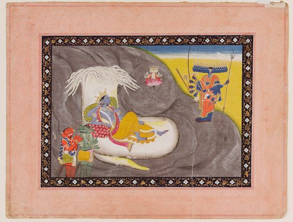 Bonhams : Krishna reclining on the serpent Sesha Naga, with Brahma ...