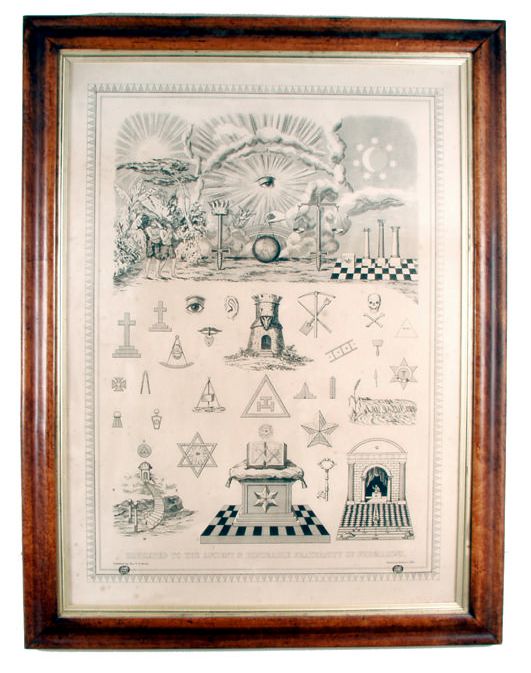 Bonhams : A black and white Masonic print showing various symbols ...