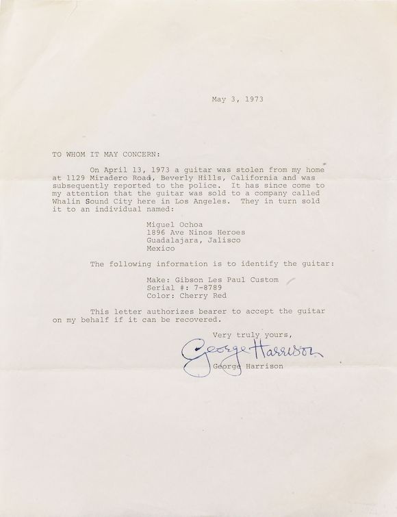 Bonhams : A George Harrison letter regarding the theft of his Gibson ...