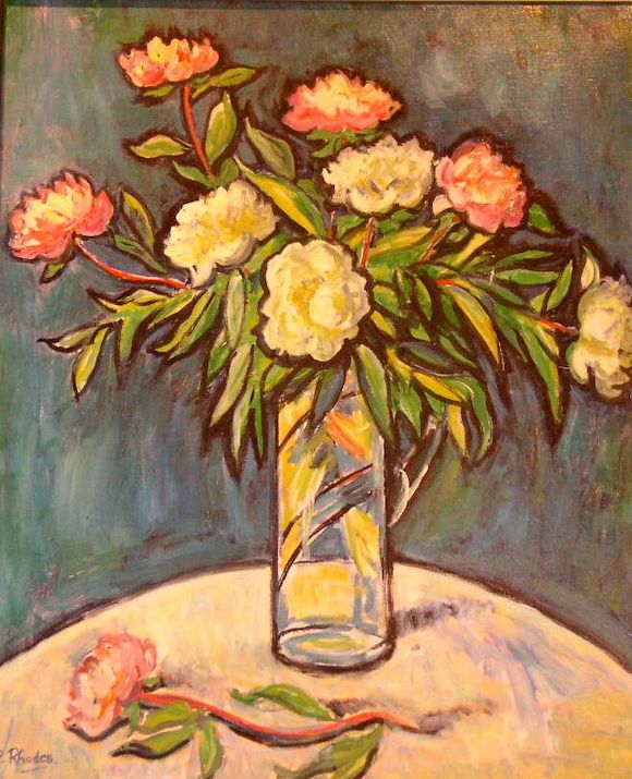 Bonhams : Patricia Rhodes 'Peonies and a blue background', signed ...