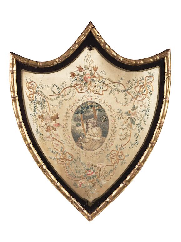 Bonhams : A pair of early 19th Century silk embroidered shield shaped ...