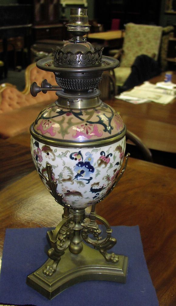 Bonhams : A 1ate 19th century Zsolnay brass mounted oil lamp
