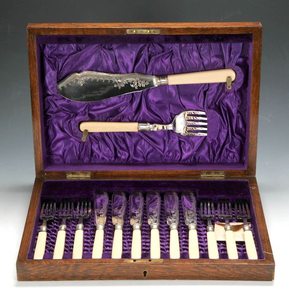 Bonhams : Two cased sets of plated Fish Eaters, together with a set of ...