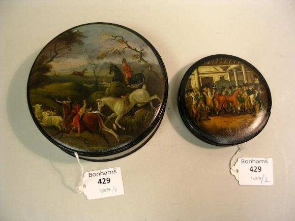 Bonhams : A Victorian black lacquer papier mâché patch box cover,