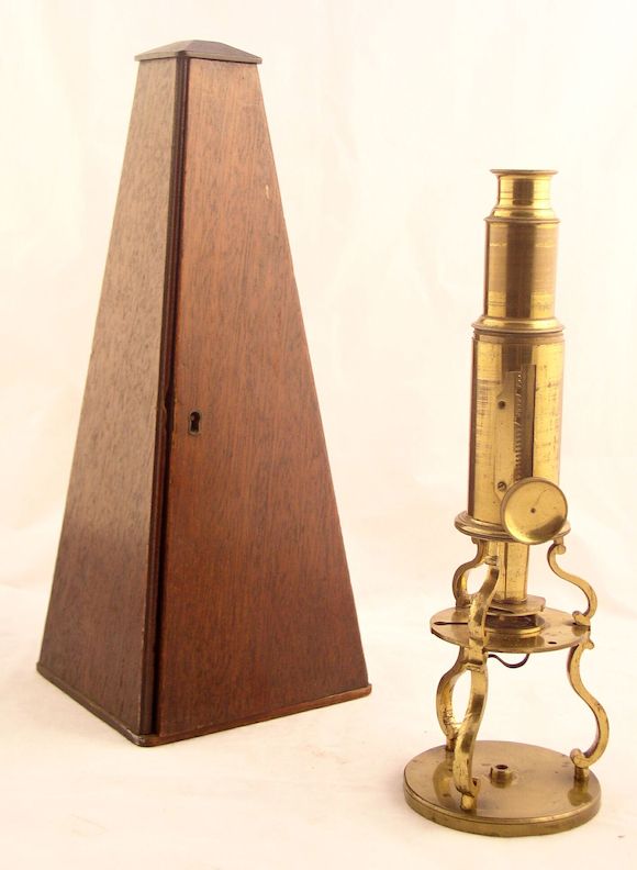 Bonhams : A 19th Century lacquered brass Culpepper type microscope, unsigned,