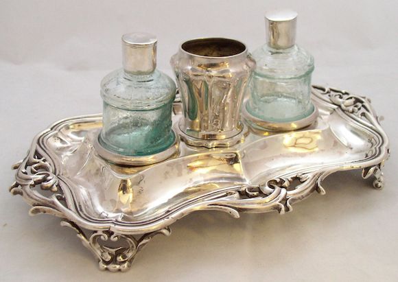 Bonhams : A large silver hall marked ink tray with two matching glass ...