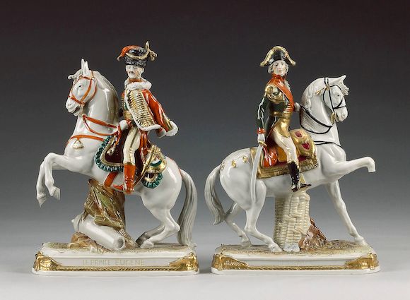 Bonhams : A pair of Naples style titled equestrian figures of Bessieres ...