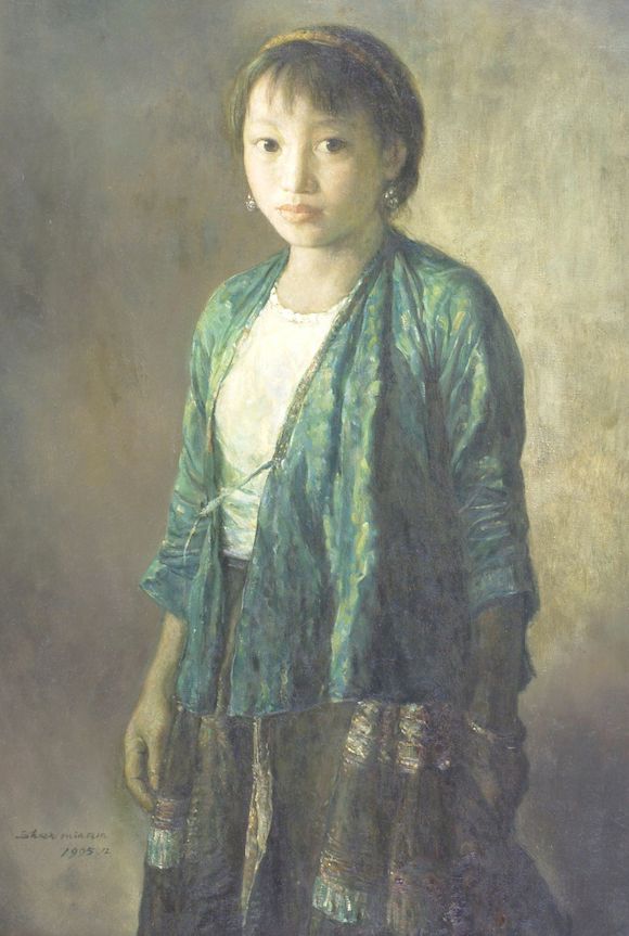 Bonhams : Shen Ming Cun (1956-) 'Portrait of a young girl' 91 x 62cm ...