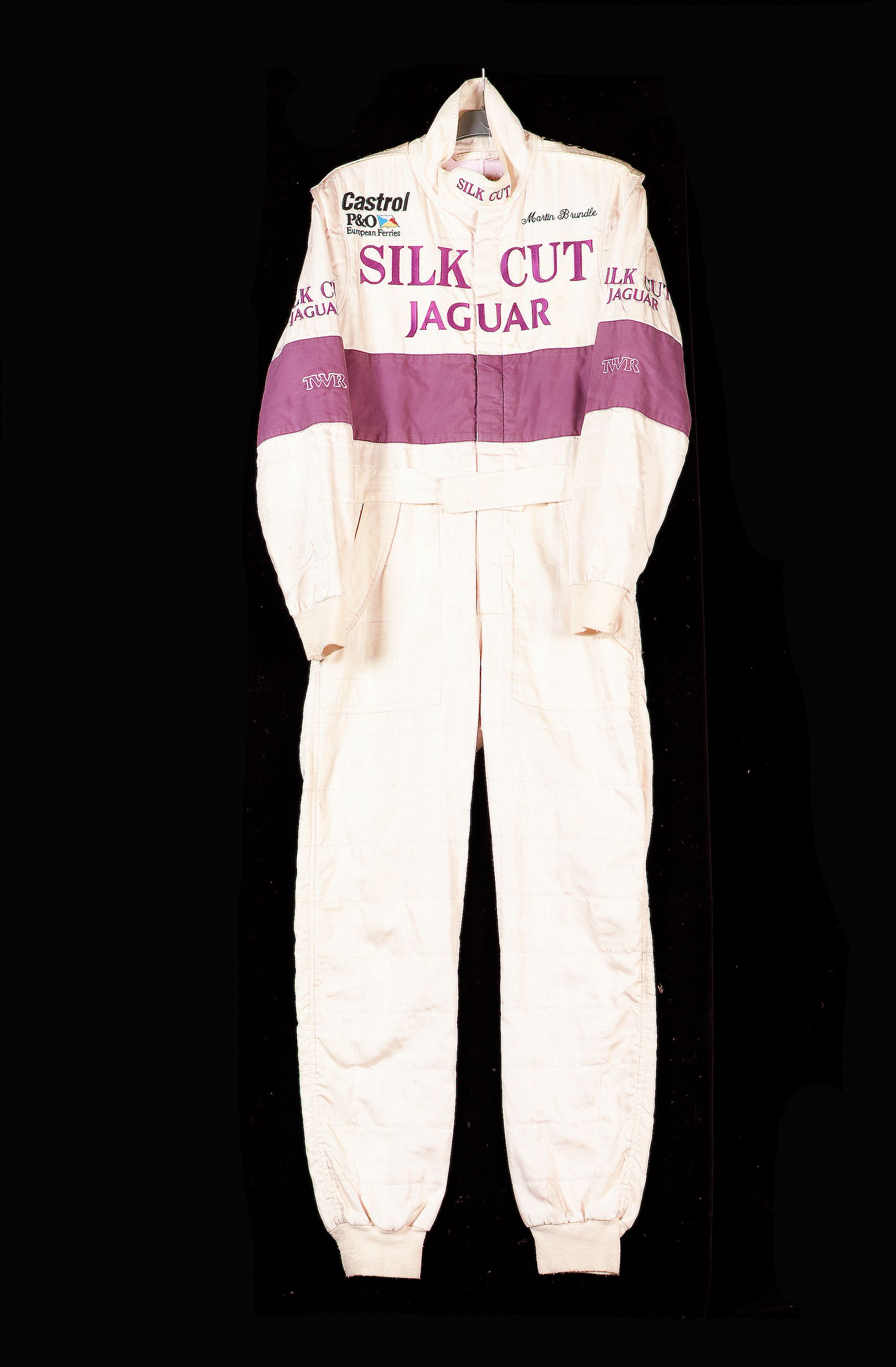 Bonhams Cars : A pair of Martin Brundle's Silk Cut Jaguar racing overalls, 1990 season,