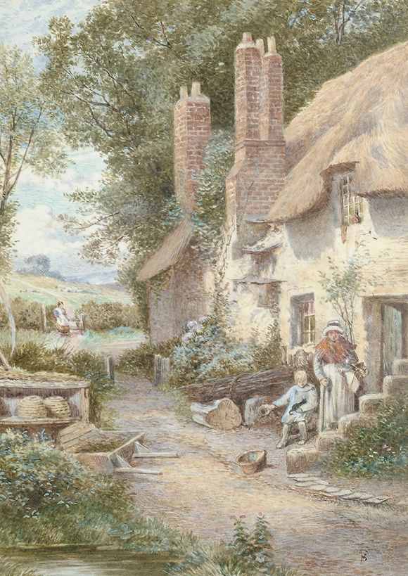 Bonhams : After Myles Birket Foster Figures outside a country cottage ...