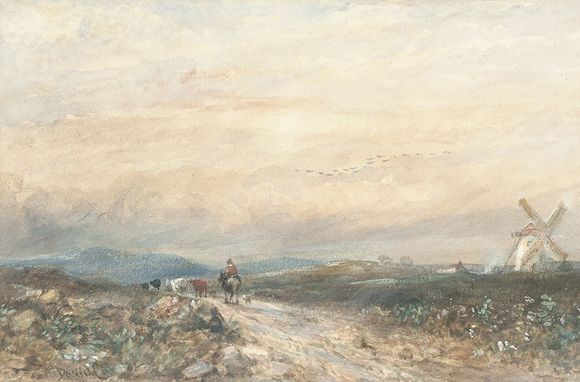 Bonhams : Circle of David Cox Cattle and a figure on horseback on a ...