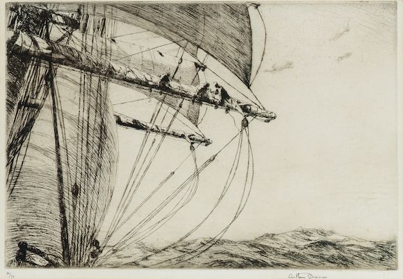 Bonhams : Arthur Briscoe Furling the foresail Etching, 1924, on cream ...