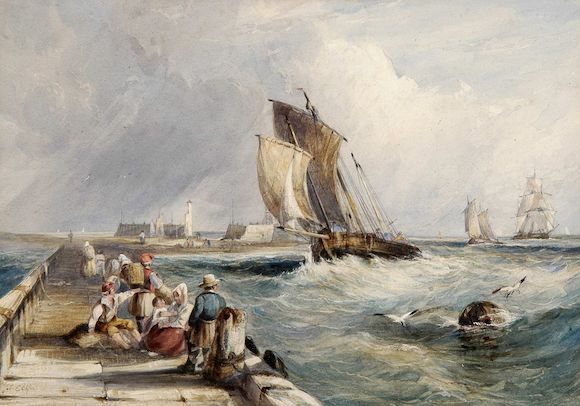 Bonhams : John Edge (mid-19th Century) Ships entering harbour and the ...