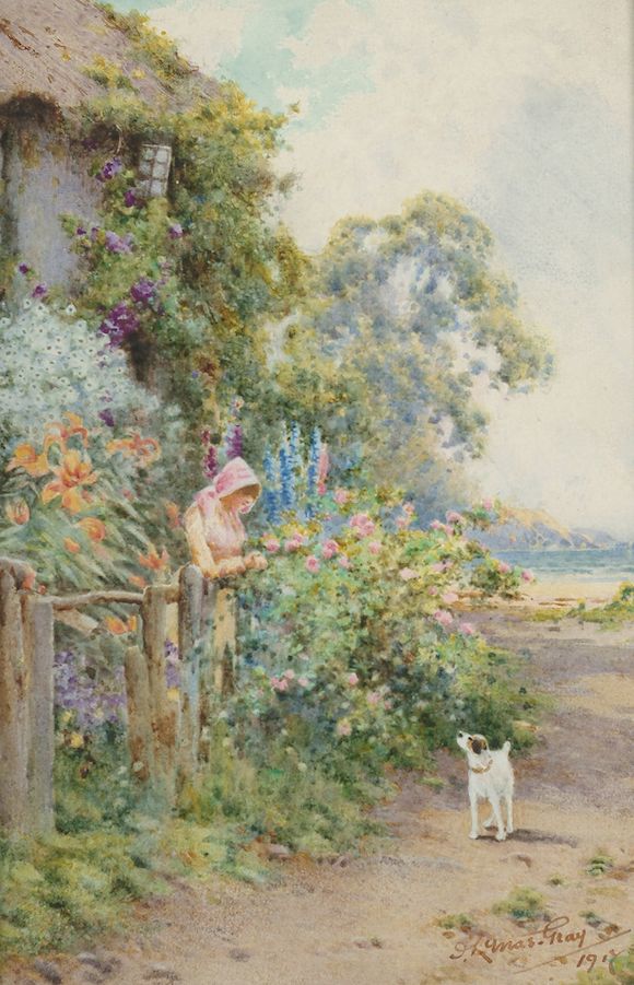 Bonhams : John Abernethy Lynas Gray A lady standing at a garden fence ...