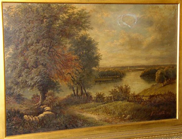 Bonhams : Octavius Thomas Clark (1851-1921) British A country path down to the river with city ...