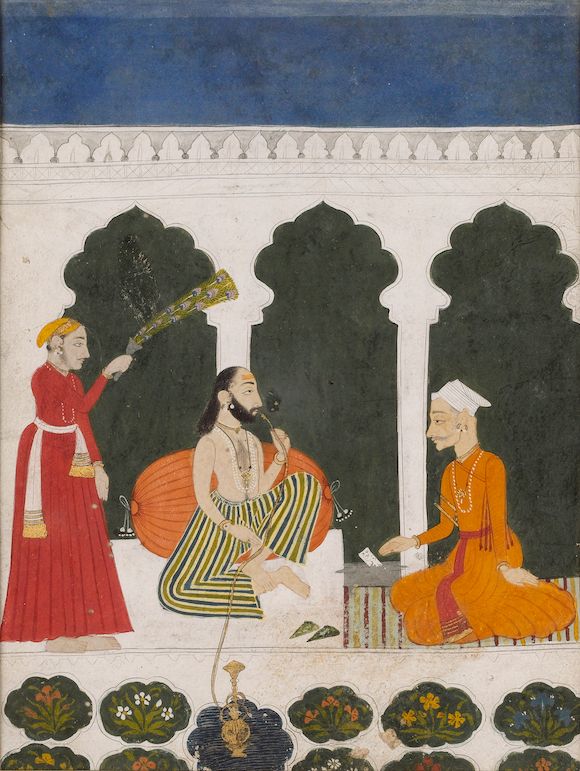 Bonhams : A prince smoking a hookah receiving a courtier on a terrace ...