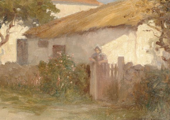 Bonhams : Ernest Moore (British, 1865-1940) A woman leaning on a gate ...
