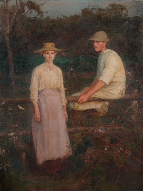 Bonhams : Dora Noyes (British fl. 1883-1903) Two at a stile 187 x 140 cm. (73 1/2 x 55 in.)