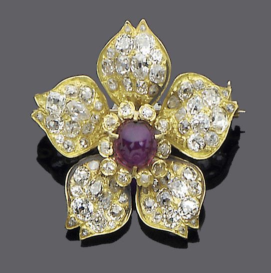 Bonhams : A diamond and ruby flower brooch