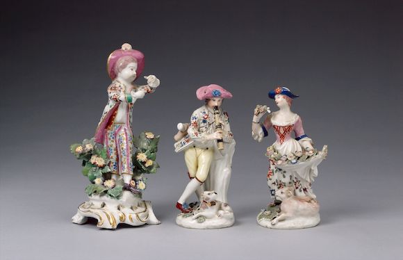 Bonhams : A pair of Bow figures and another single Bow figure circa 1756-65