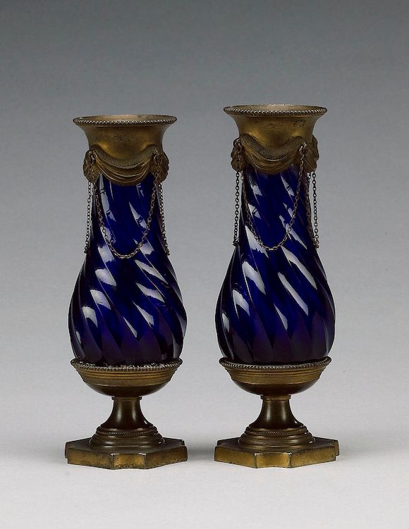 Bonhams : A pair of gilt metal mounted fluted blue glass vases, 19th ...
