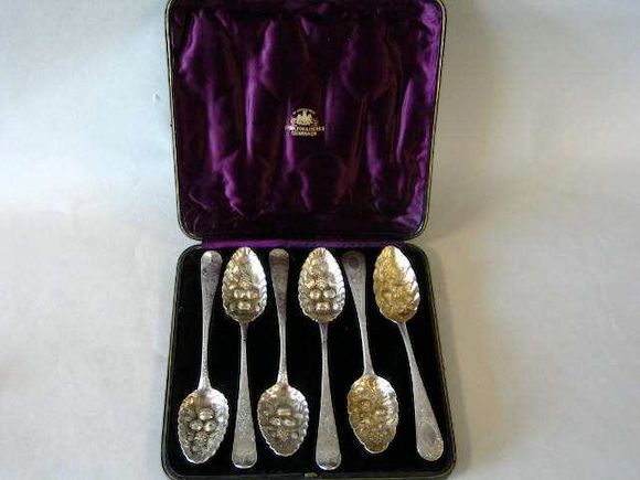 Bonhams : A set of four George III late embossed berry spoons, By Peter ...