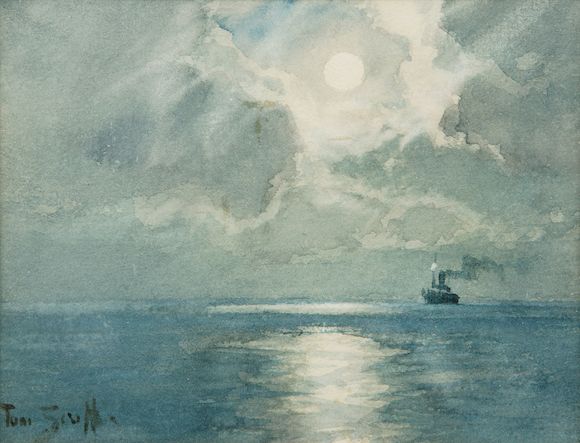 Bonhams : Tom Scott RSA (1854-1927) A steamer at sea 9 x 12cm (3 1/2 x ...