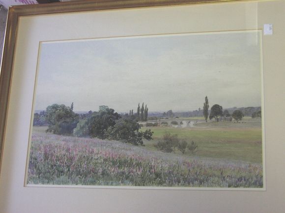 Bonhams : Albert Stevens River landscape with meadows and bridge, 32 x ...
