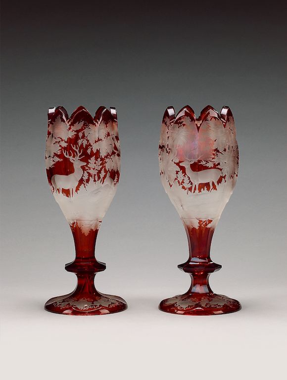 Bonhams : A pair of Bohemian ruby flash vases, circa 1870,