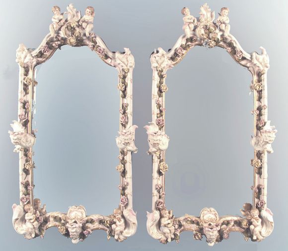 Bonhams : A large pair of Dresden porcelain mirrors 19th Century,