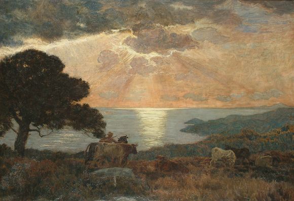 Bonhams : Circle of Emile René Ménard Sunset over the sea with cow ...