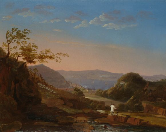 Bonhams : English School circa 1810 A view to an estuary, with a figure by a river in the ...