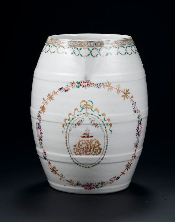 Bonhams : A famille rose crested barrel-shaped jug Circa 1780