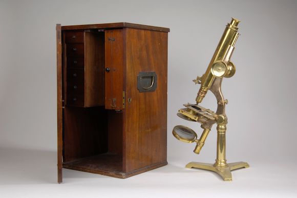 Bonhams : A rare James Smith lacquered brass monocular microscope, 1840s