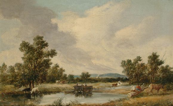 Bonhams : Alfred Vickers (British, 1786-1868) Figures and cattle by a river, believed to be the ...